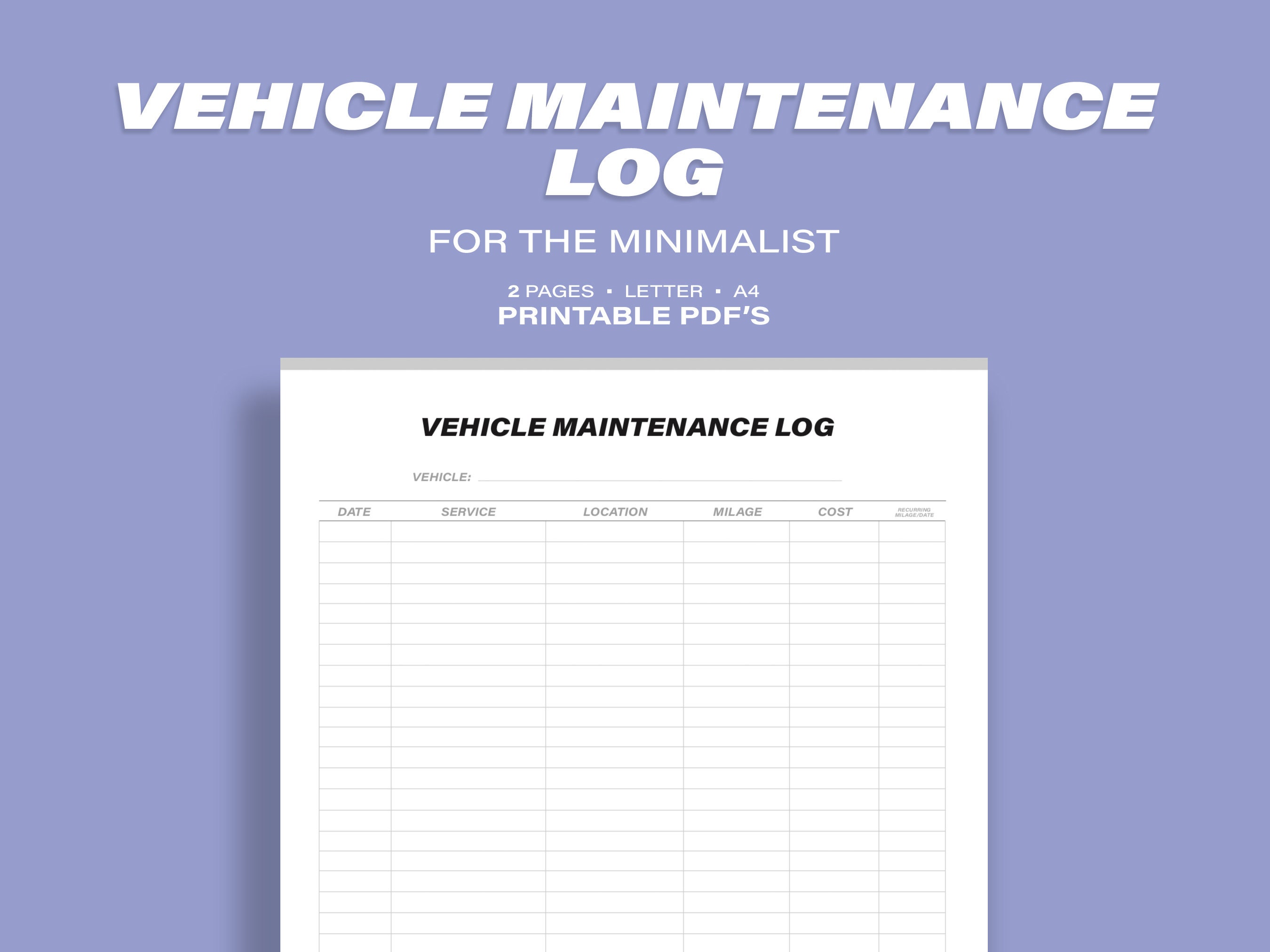 Vehicle Maintenance Log for the Minimalist • Printable PDF • Planner ...