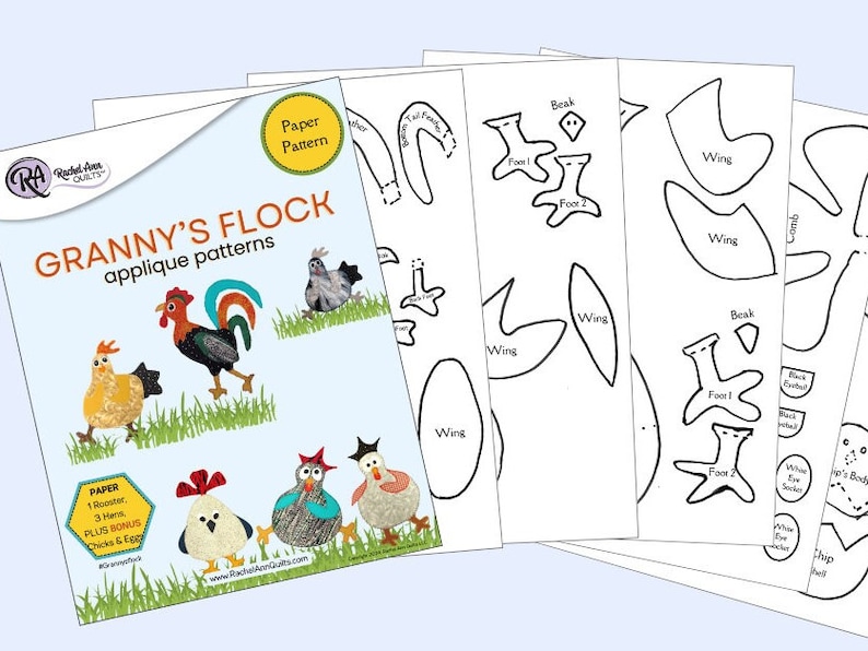 Chicken Applique Pattern Set: Granny's Flock Rooster, Hens, Chicks (PDF ...