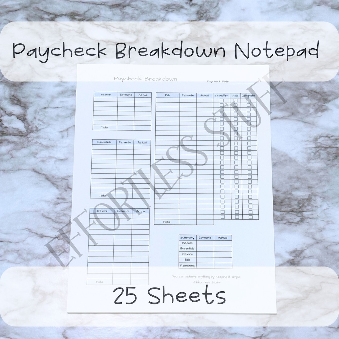 Paycheck Breakdown Notepad | Budget by Paycheck | 25 Sheets | Letter ...