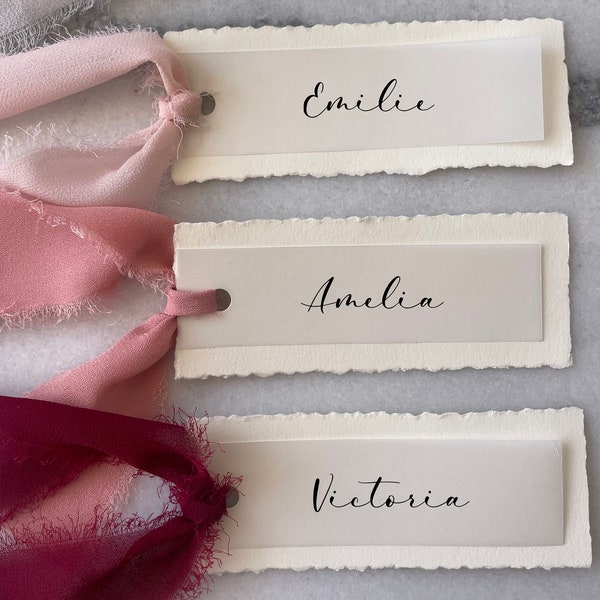 Hand Torn Place Cards and Chiffon Ribbon, Hand Torn Edges, Personalized ...