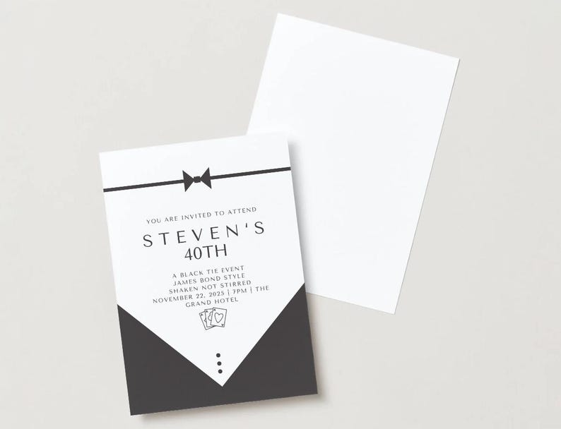 James Bond 007 Black Tie Event Birthday Party Invite Invitation ...