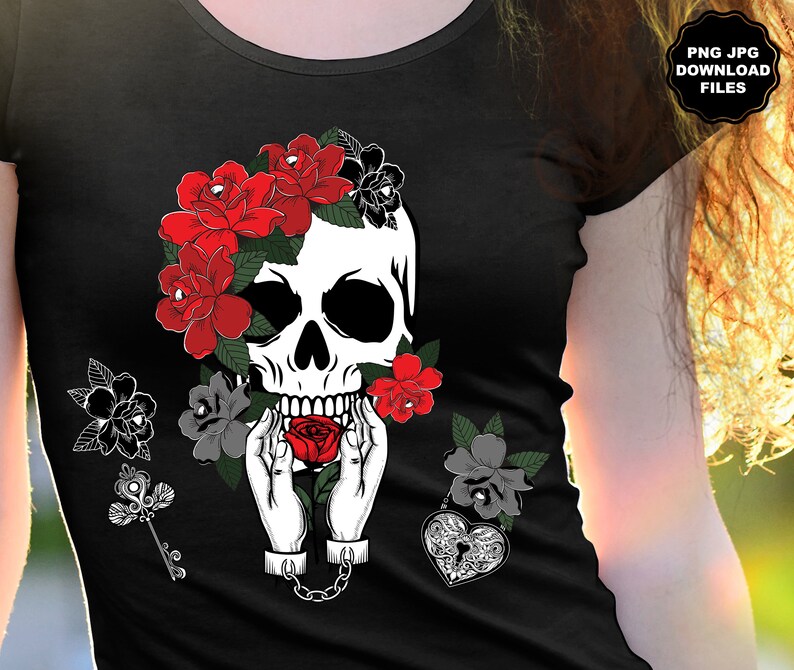 Skull, Skeleton Hands, Chains, Handcuffs, Lock, Key, Tattoo Roses ...