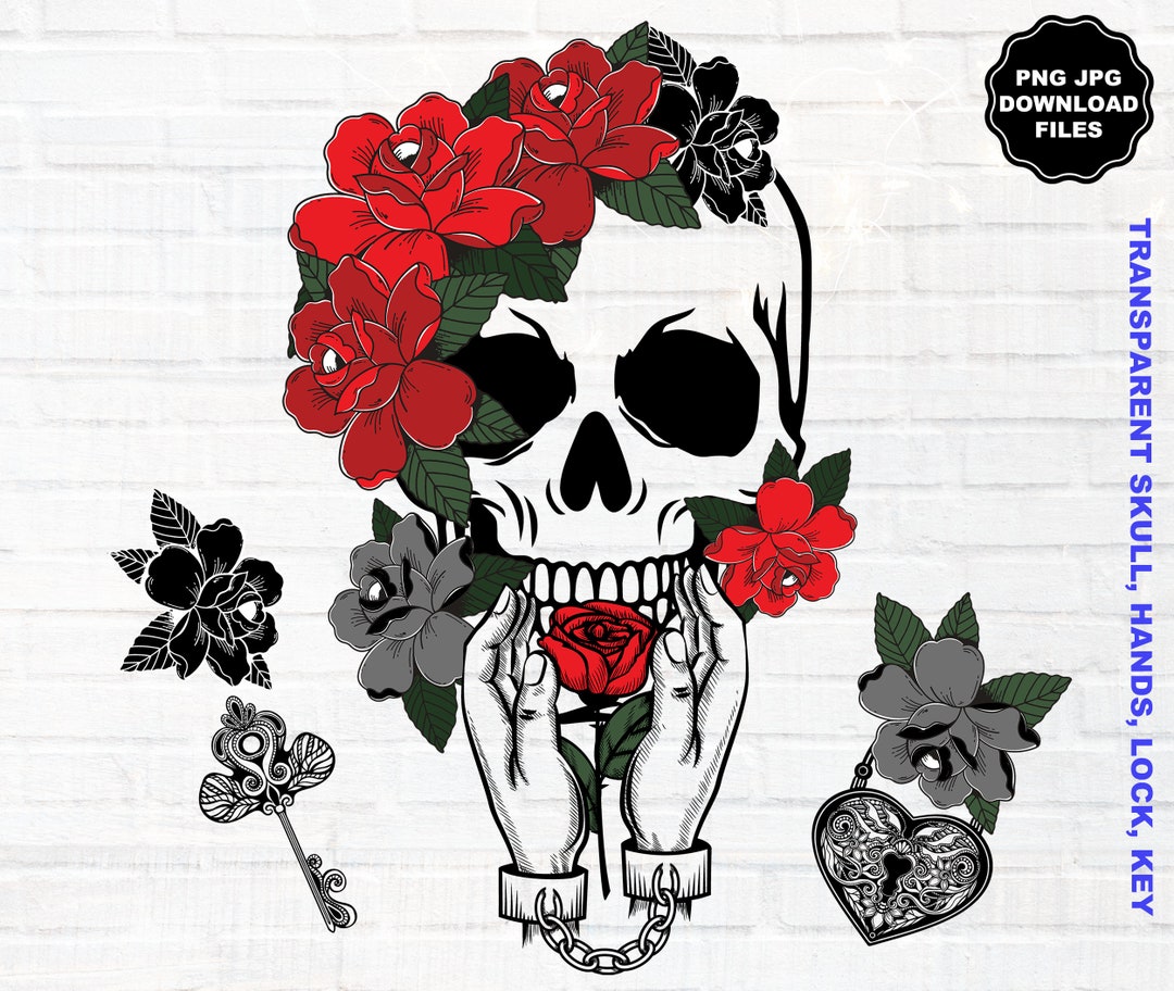 Skull, Skeleton Hands, Chains, Handcuffs, Lock, Key, Tattoo Roses ...