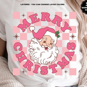 Checkered Santa Claus SVG Pink Santa Face SVG Retro Santa PNG Merry Christmas Retro Christmas ...