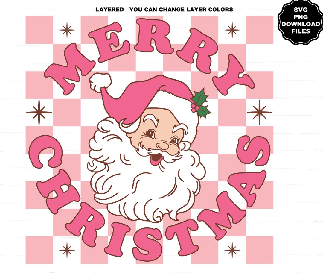 Checkered Santa Claus SVG Pink Santa Face SVG Retro Santa PNG Merry Christmas Retro Christmas ...