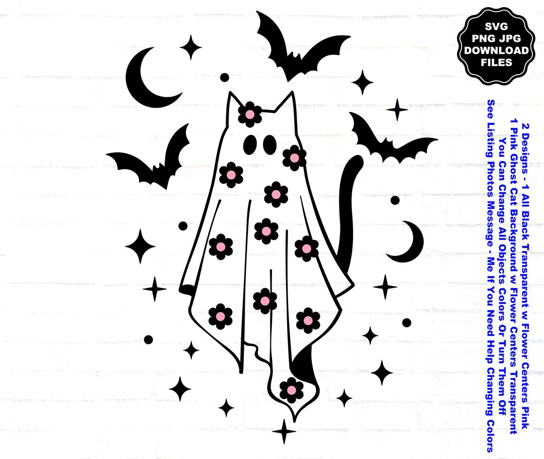 Ghost Cat SVG, Ghost SVG, Cat SVG, Retro Flowers, Ghost Cat Clipart ...