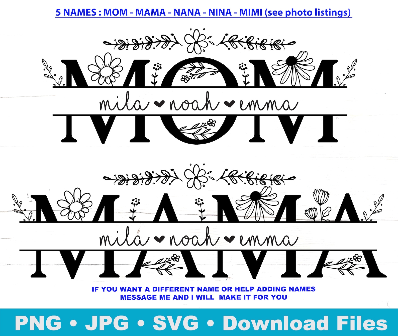 Mom Split Monogram Svg Add Kids Names Svg Wildflower Split - Etsy