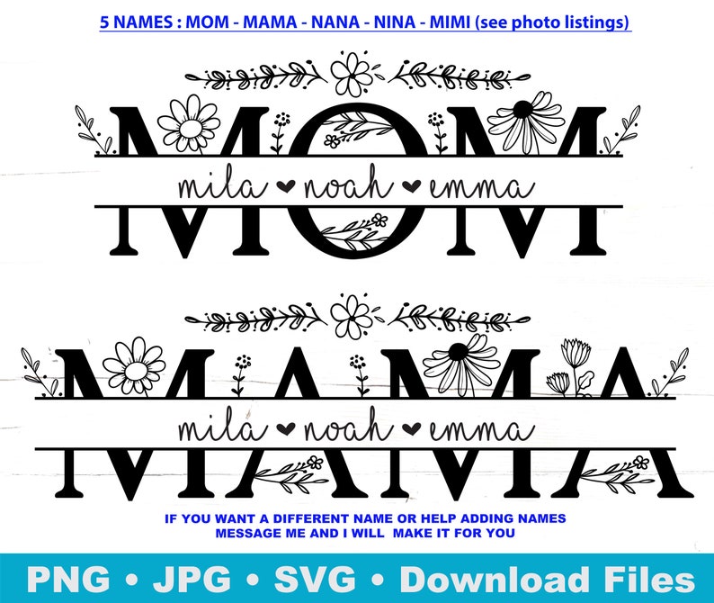 Mom Split Monogram Svg, Add Kids Names Svg, Wildflower Split Monogram ...