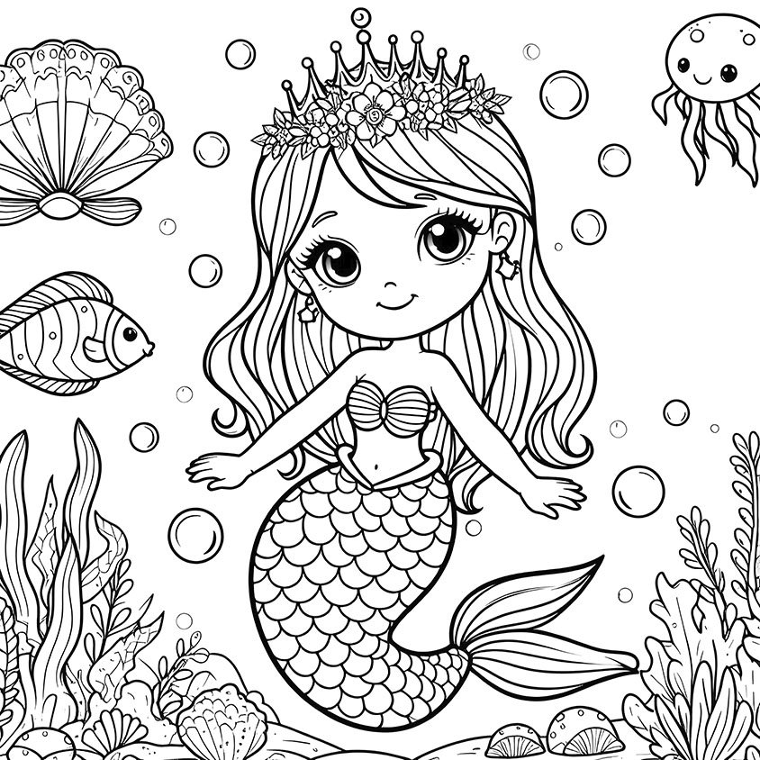 20 Cartoon Mermaid Coloring Pages - Etsy