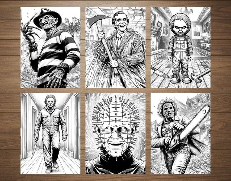 20 Slasher Coloring Pages Part II, Horror Movie Icons, Halloween, Adult ...