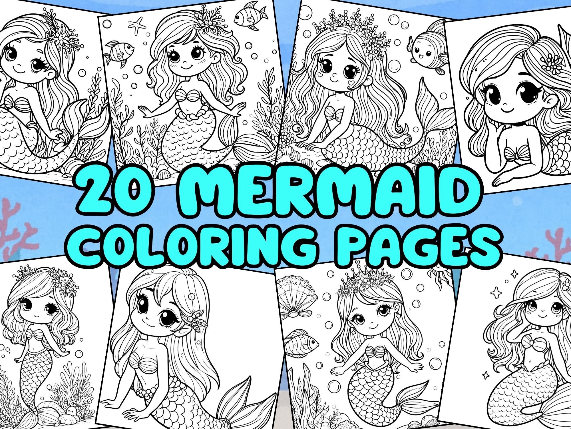 20 Cartoon Mermaid Coloring Pages - Etsy