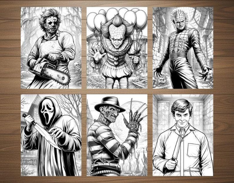 20 Slasher Coloring Pages Part II, Horror Movie Icons, Halloween, Adult ...