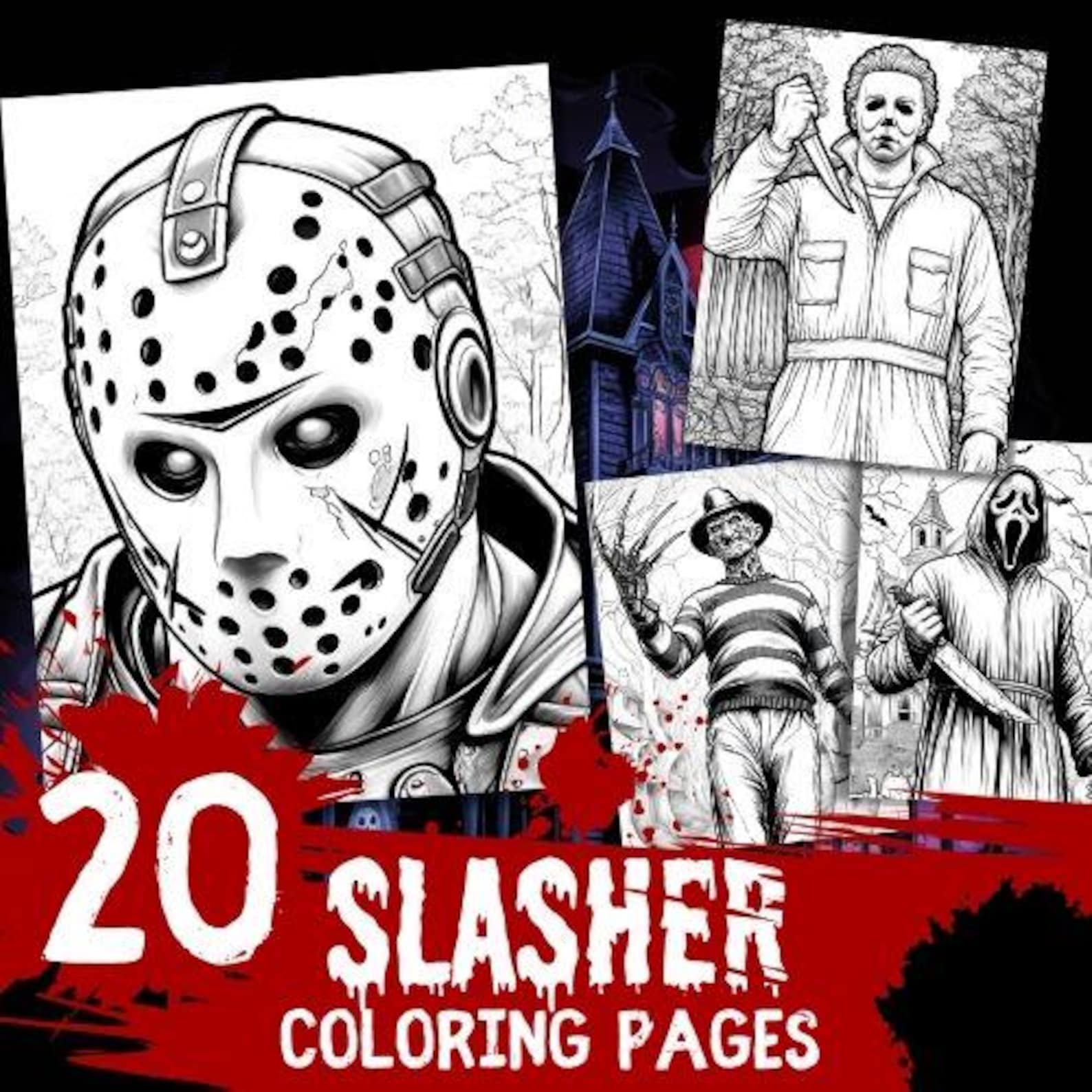 20 Slasher Coloring Pages, Digital Download, Horror Movie Icons, Halloween, Adult Coloring ...