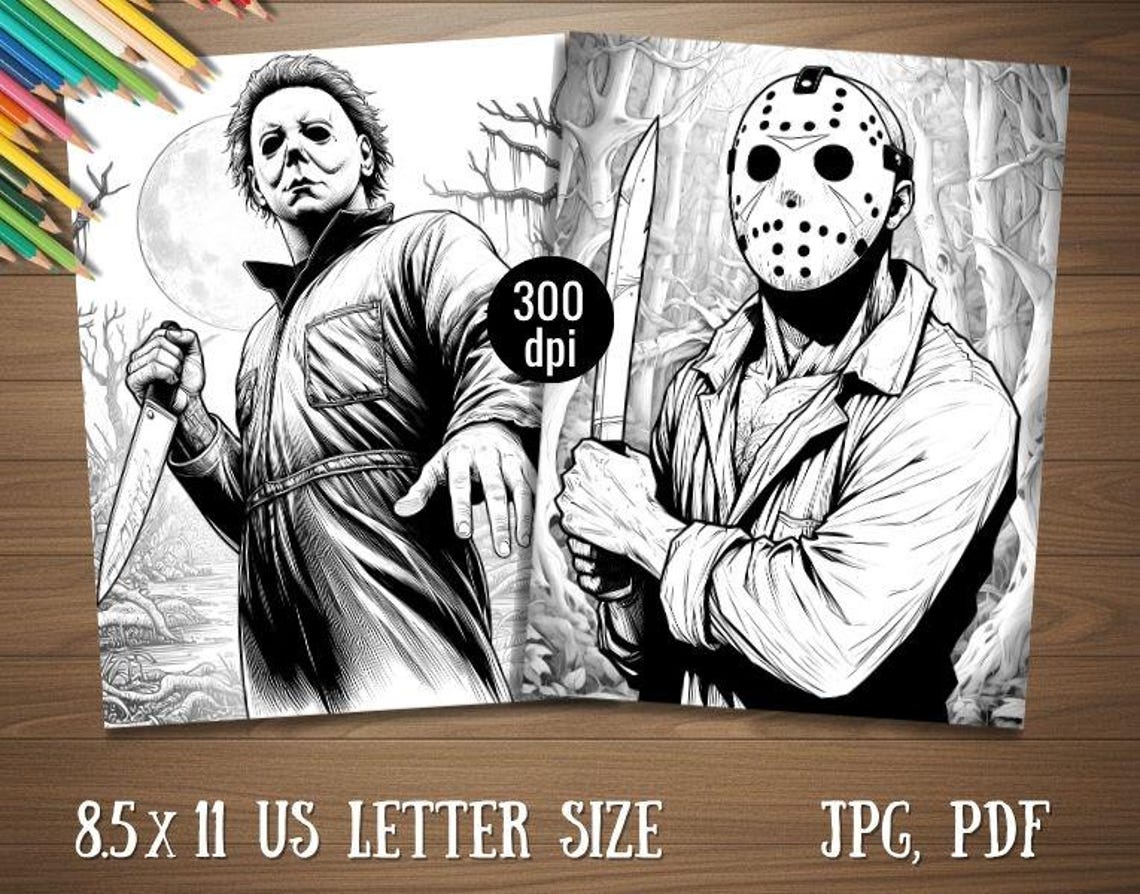 20 Slasher Coloring Pages Part II, Horror Movie Icons, Halloween, Adult ...