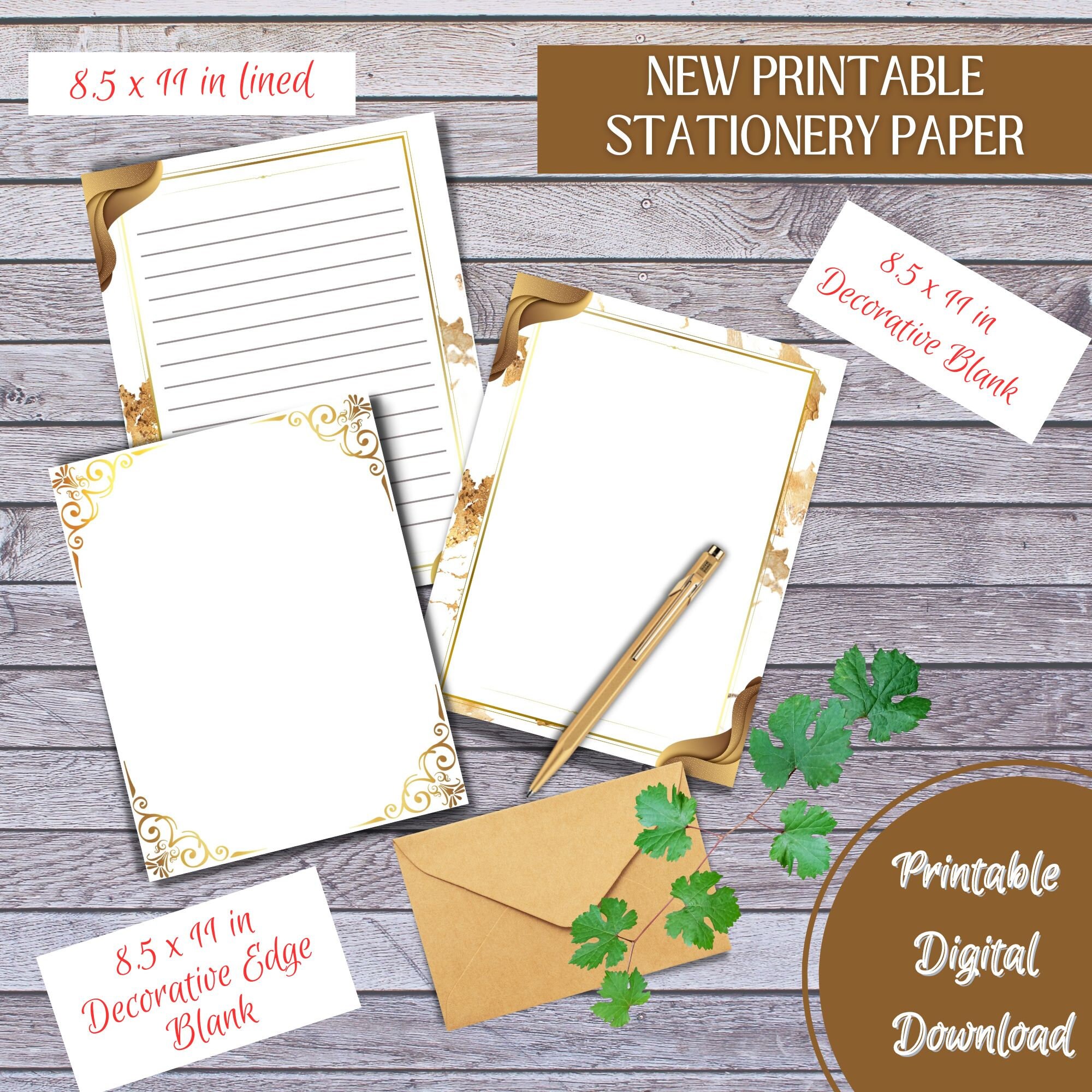 Printable Stationery Paper Lined Blank Elegant Frame Bronze Color ...