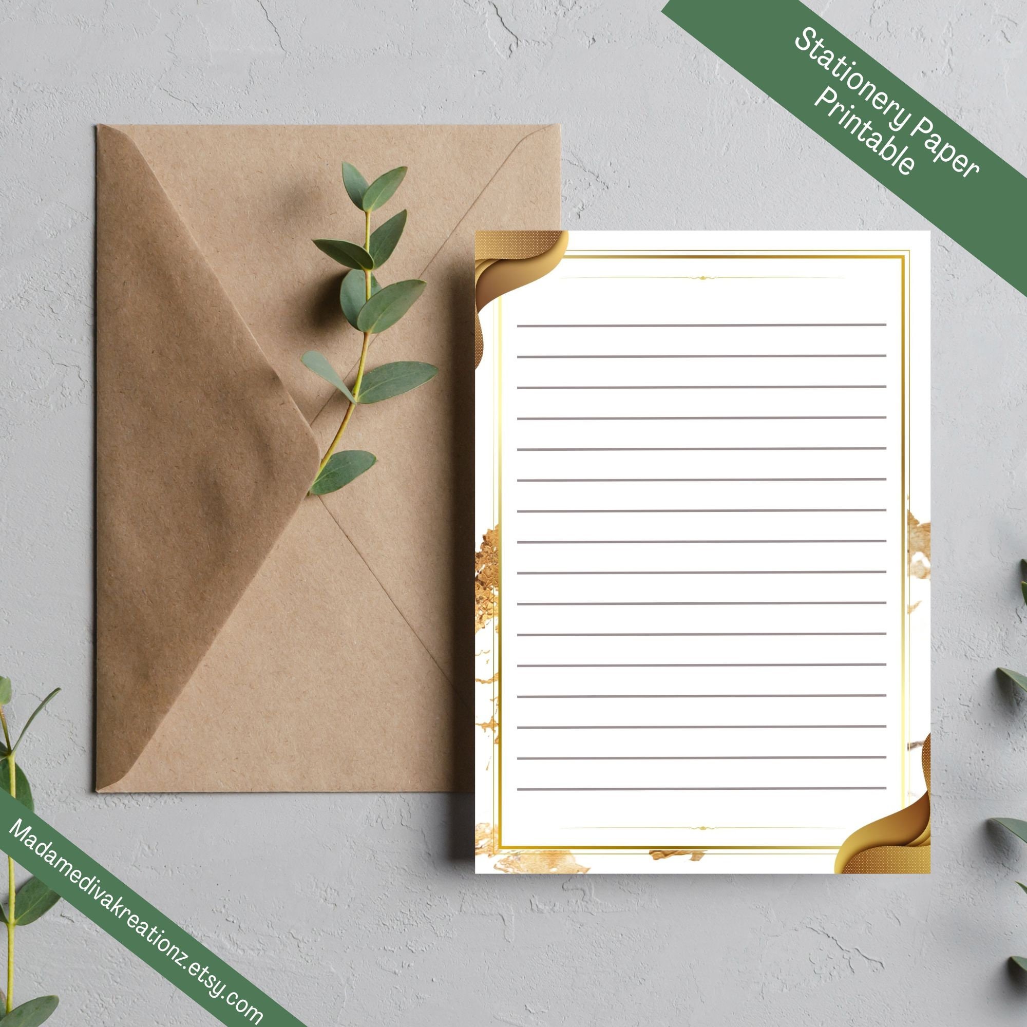 Printable Stationery Paper Lined Blank Elegant Frame Bronze Color ...