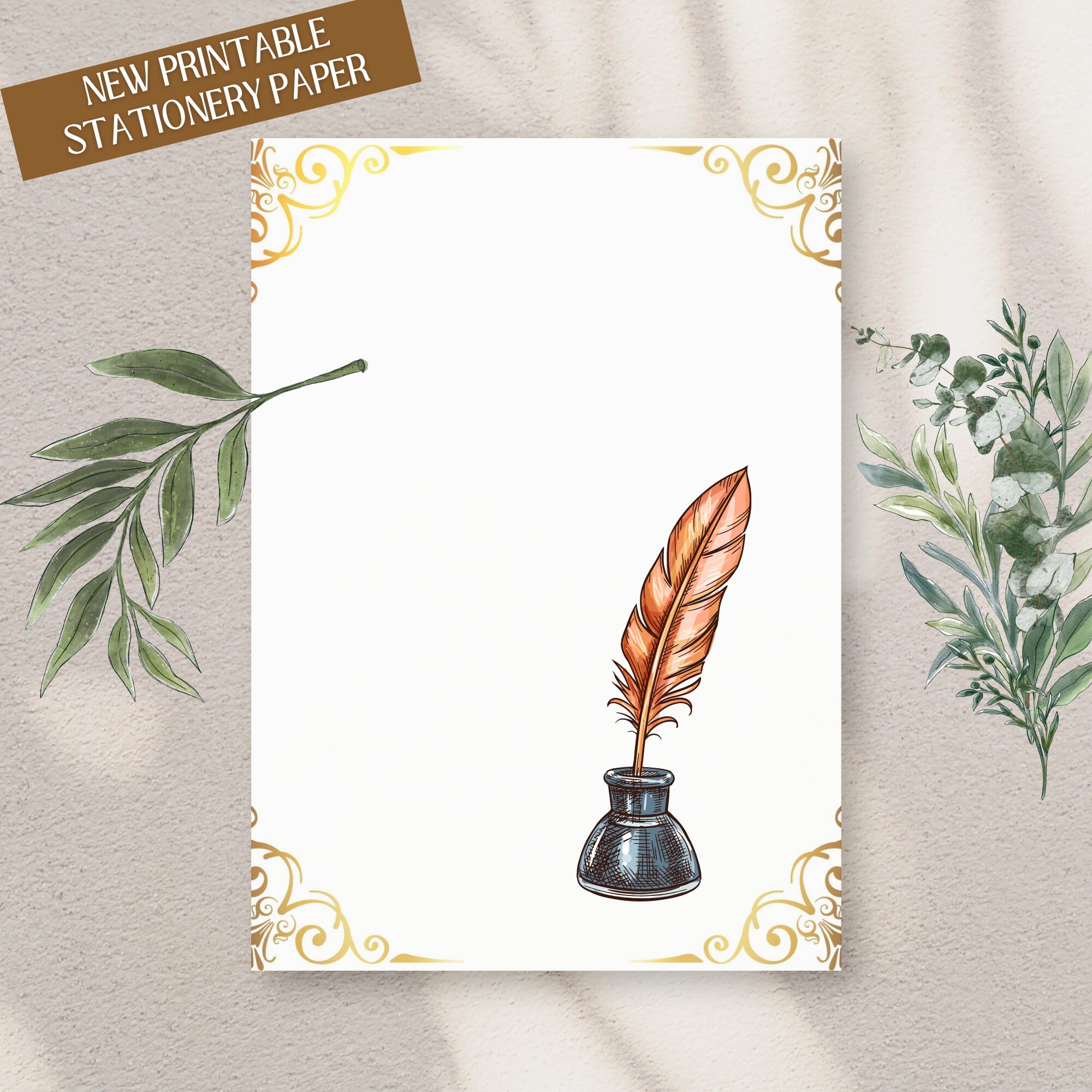 Printable Stationery Paper Lined Blank Elegant Frame Bronze Color ...