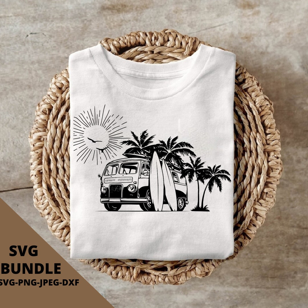 Surfing Van Svg | Vintage Summer Vehicle Clipart | Palm Beach Cut File ...