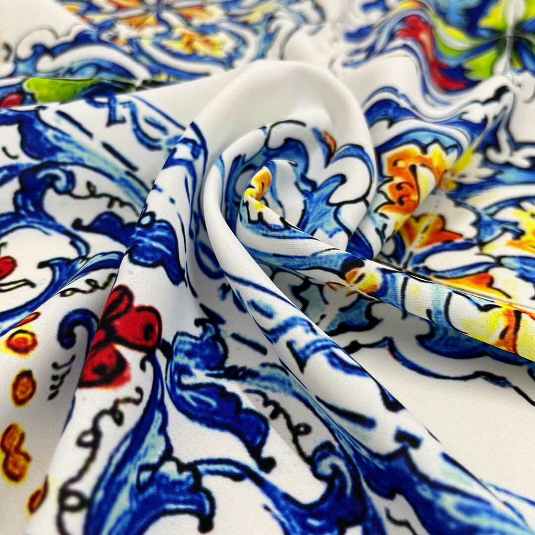 Mediterranean Blue Tile Pattern, Silky Crepe Fabric, Width 1.64 Yards ...