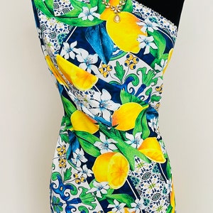 Sicilian Lemon Pattern, Wide 59", Majolica Silky Crepe Fabric, Blue ...
