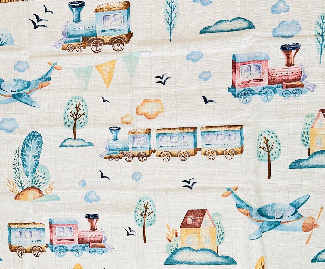 Train Printed Gauze Fabric, Wide 1,75yard, Kids Decor, Breathable ...