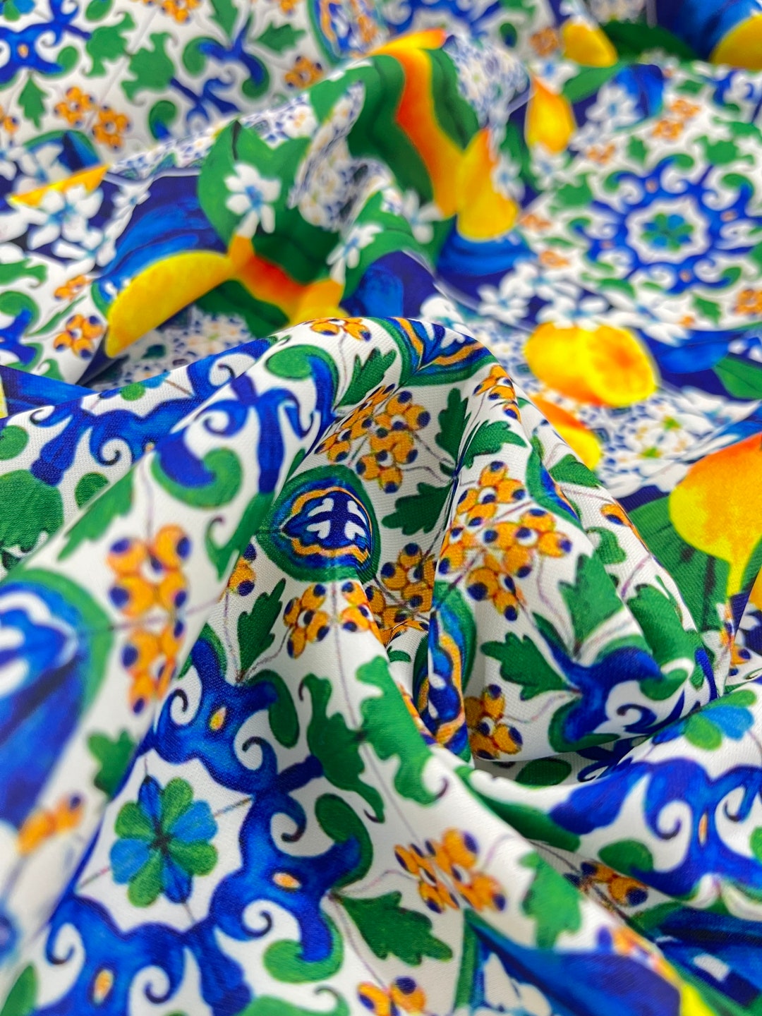 Sicilian Lemon Pattern, Wide 59, Majolica Silky Crepe Fabric, Blue ...