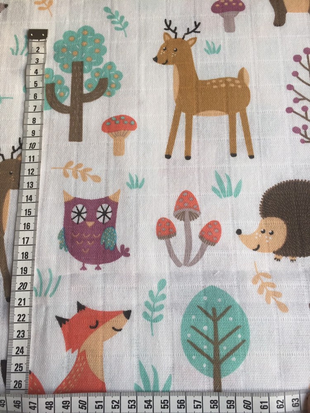 Happy Forest Printed Muslin Fabric, Wide 62', Gazelle and Fox, Natural ...