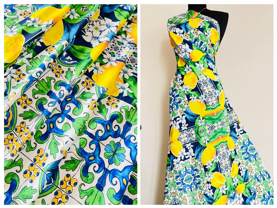 Sicilian Lemon Pattern, Wide 59, Majolica Silky Crepe Fabric, Blue ...