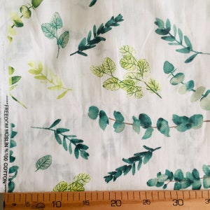 Eucalyptus Leaves Muslin, Green Plants Printed on White Muslin, Wide ...