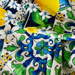Sicilian Lemon Pattern, Wide 59", Majolica Silky Crepe Fabric, Blue ...