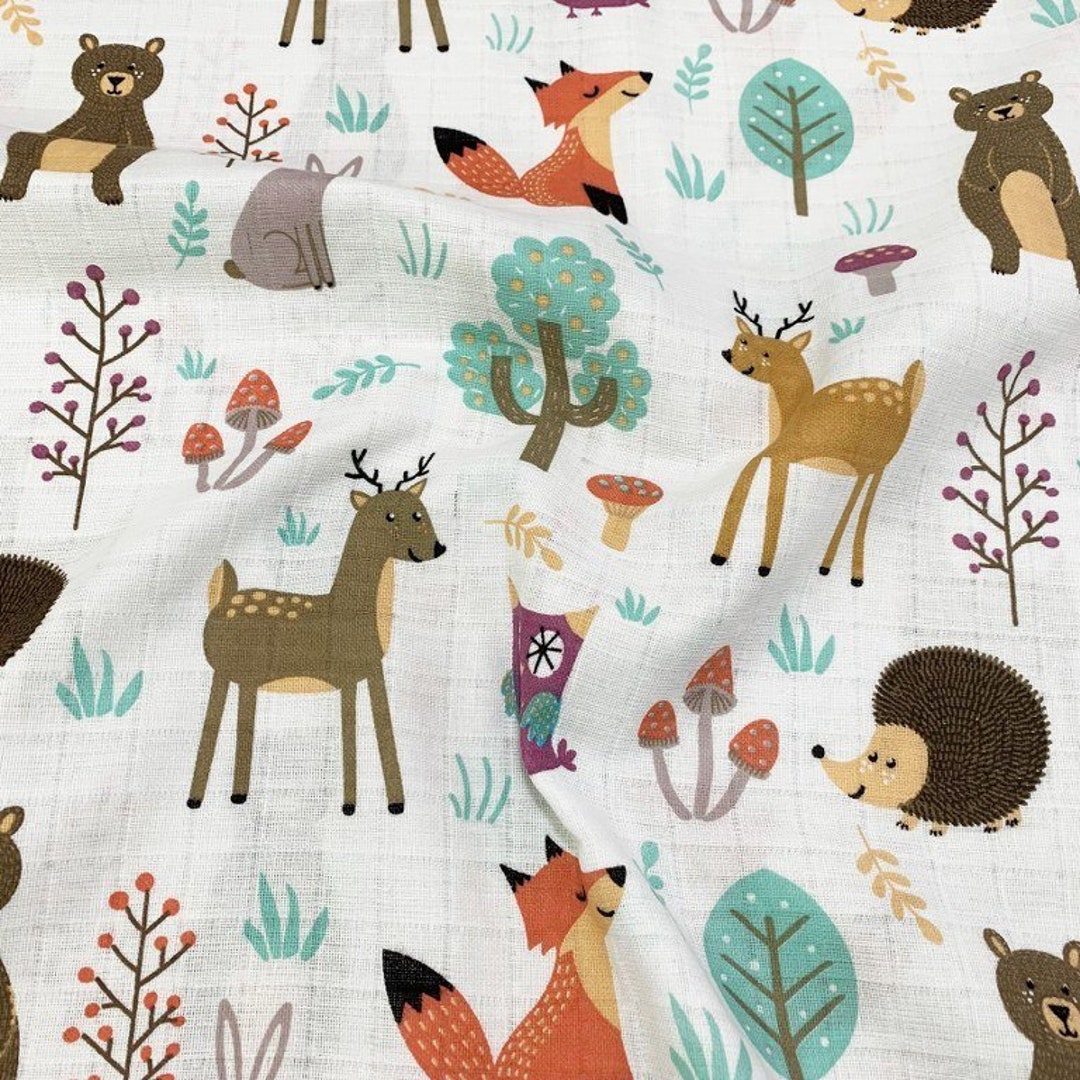 Happy Forest Printed Muslin Fabric, Wide 62', Gazelle and Fox, Natural ...