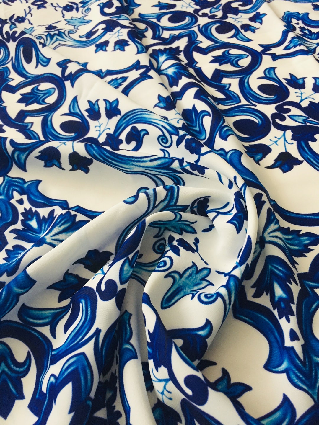 Silky Crepe Fabric, Width 1.64 Yards, Blue Sicillian Pattern Digital ...