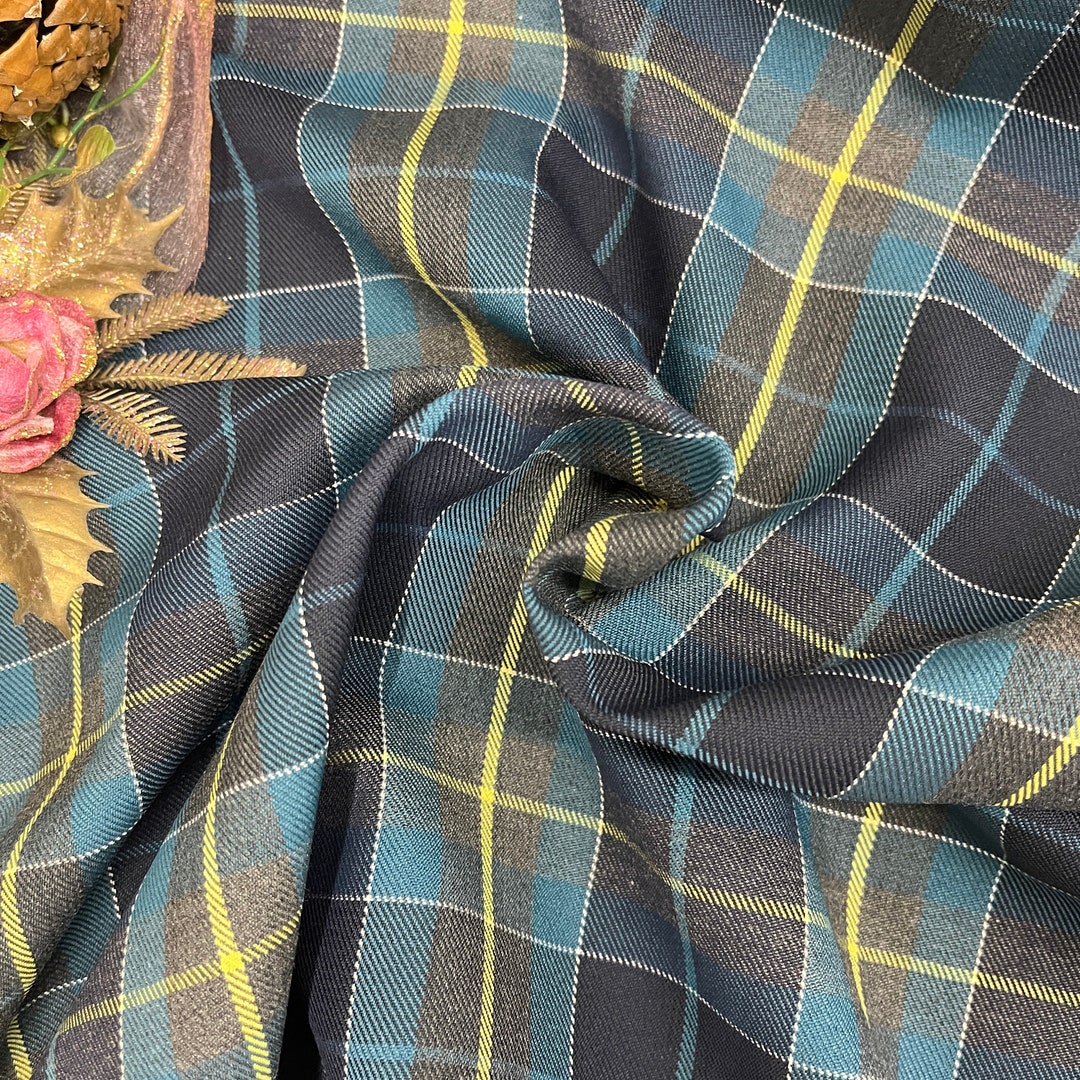 Blue Plaid Pattern, Wide 59in, Polyviscose Tartan Fabric, Yellow ...