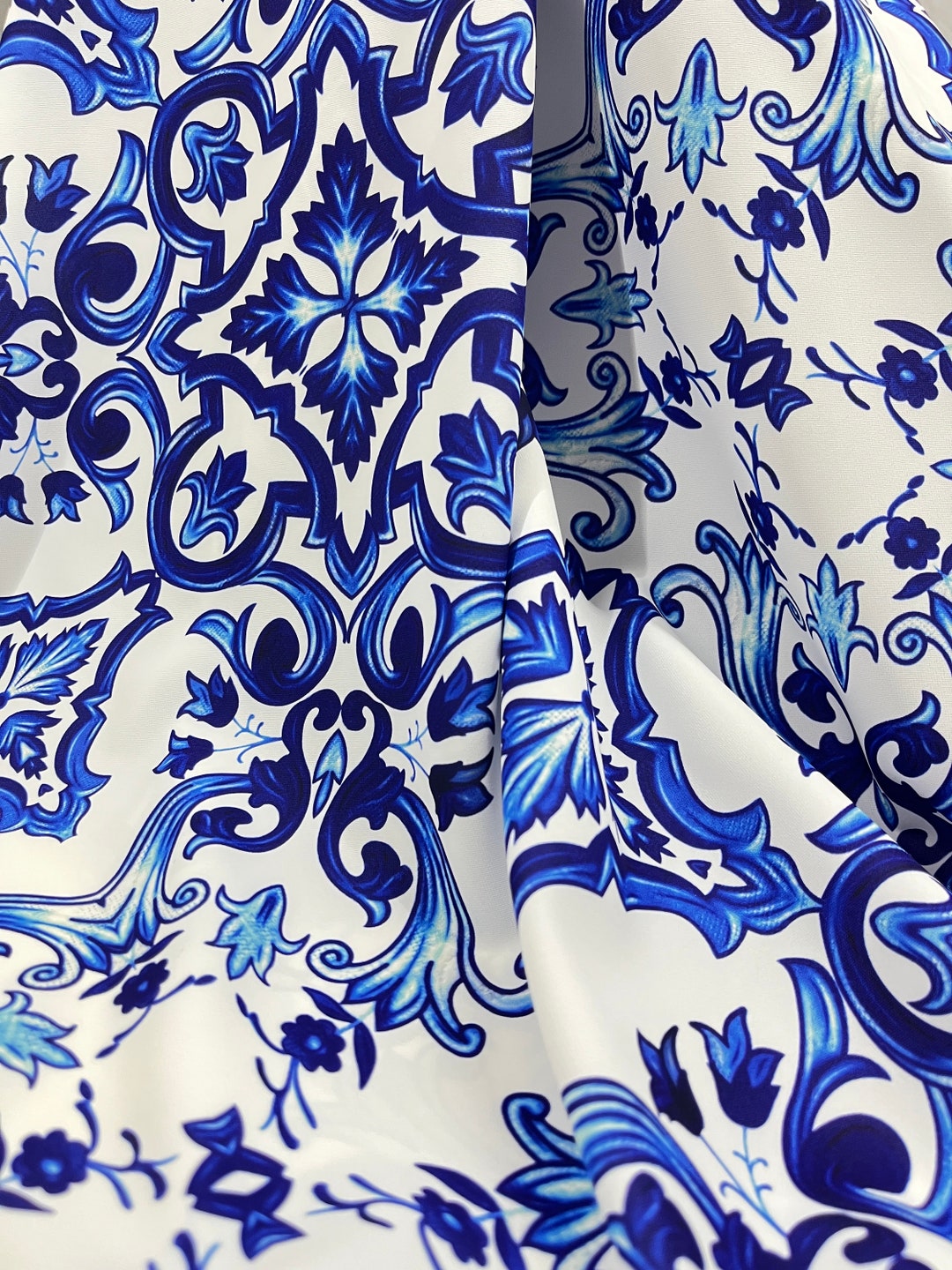 Blue Sicillian Pattern Fabric, Wide 1.64 Yards, Silky Crepe Fabric ...