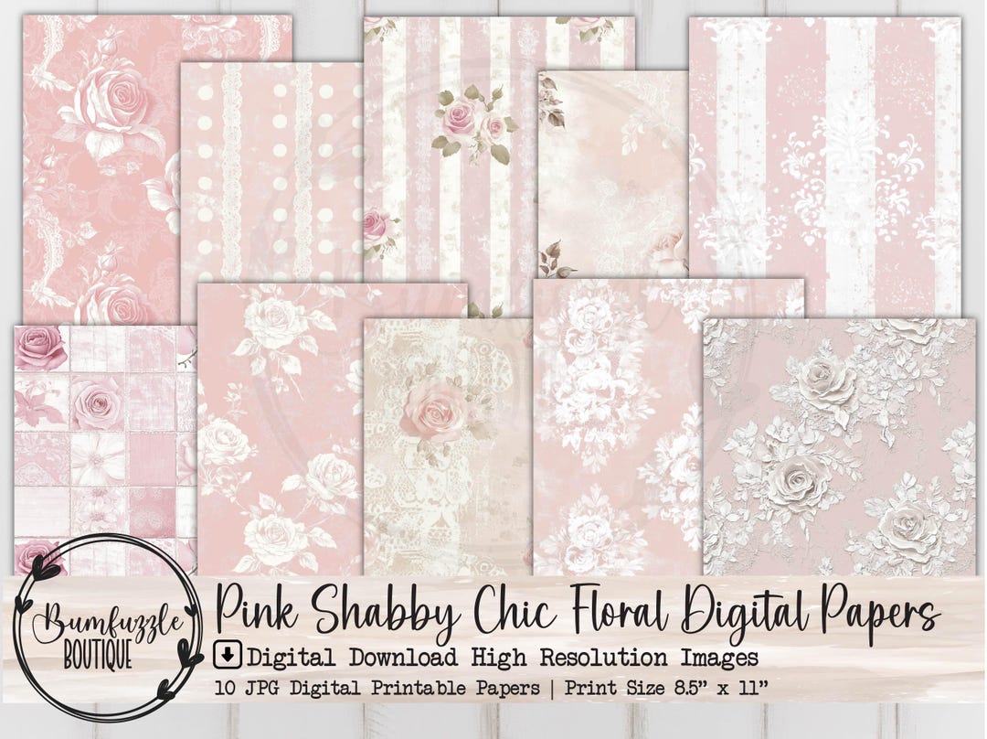 Pink Shabby Chic Floral Digital Paper, Roses Scrapbook Supplies ...