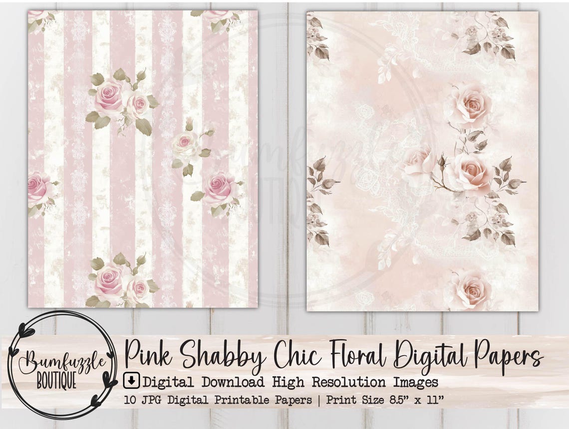 Pink Shabby Chic Floral Digital Paper, Roses Scrapbook Supplies ...