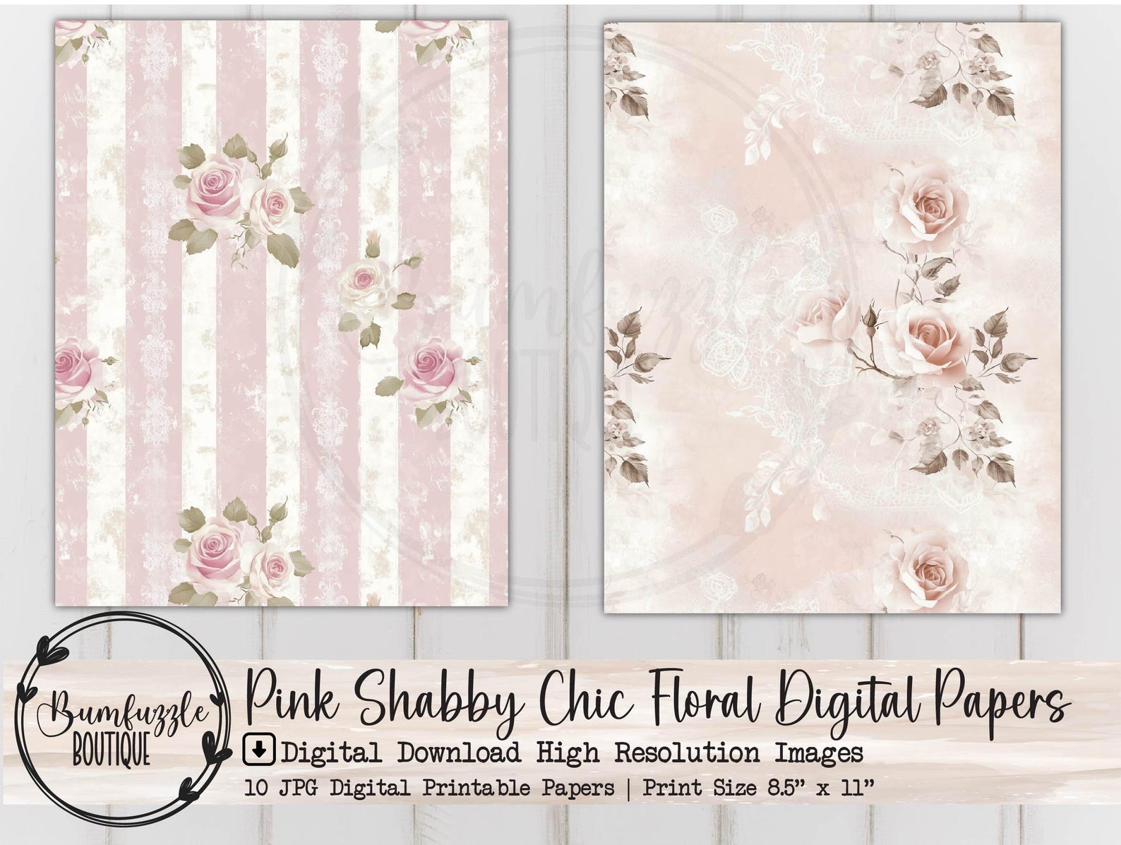 Pink Shabby Chic Floral Digital Paper, Roses Scrapbook Supplies ...