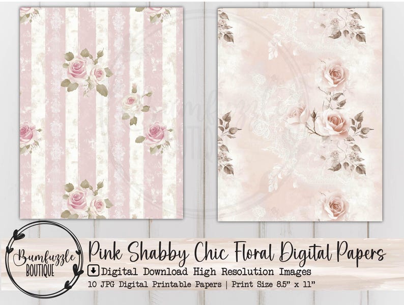 Pink Shabby Chic Floral Digital Paper, Roses Scrapbook Supplies ...