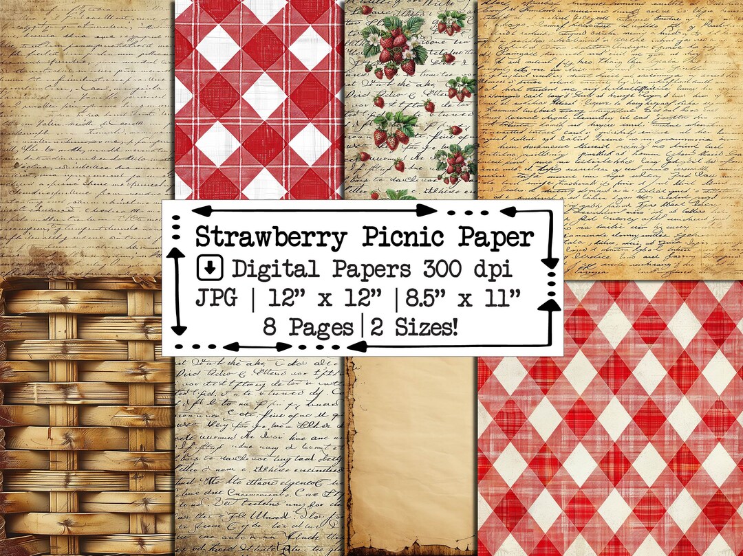 Strawberry Picnic Digital Paper | Junk Journal | Printable Paper Set ...