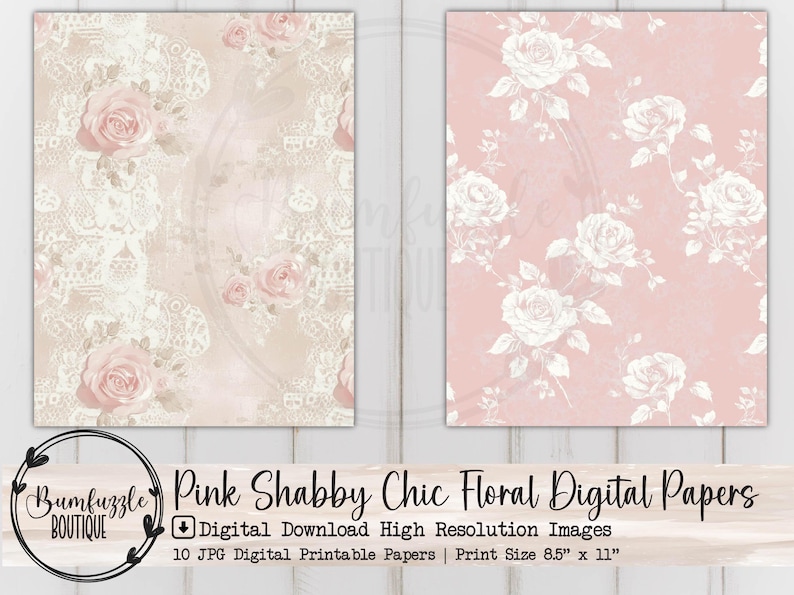 Pink Shabby Chic Floral Digital Paper, Roses Scrapbook Supplies ...