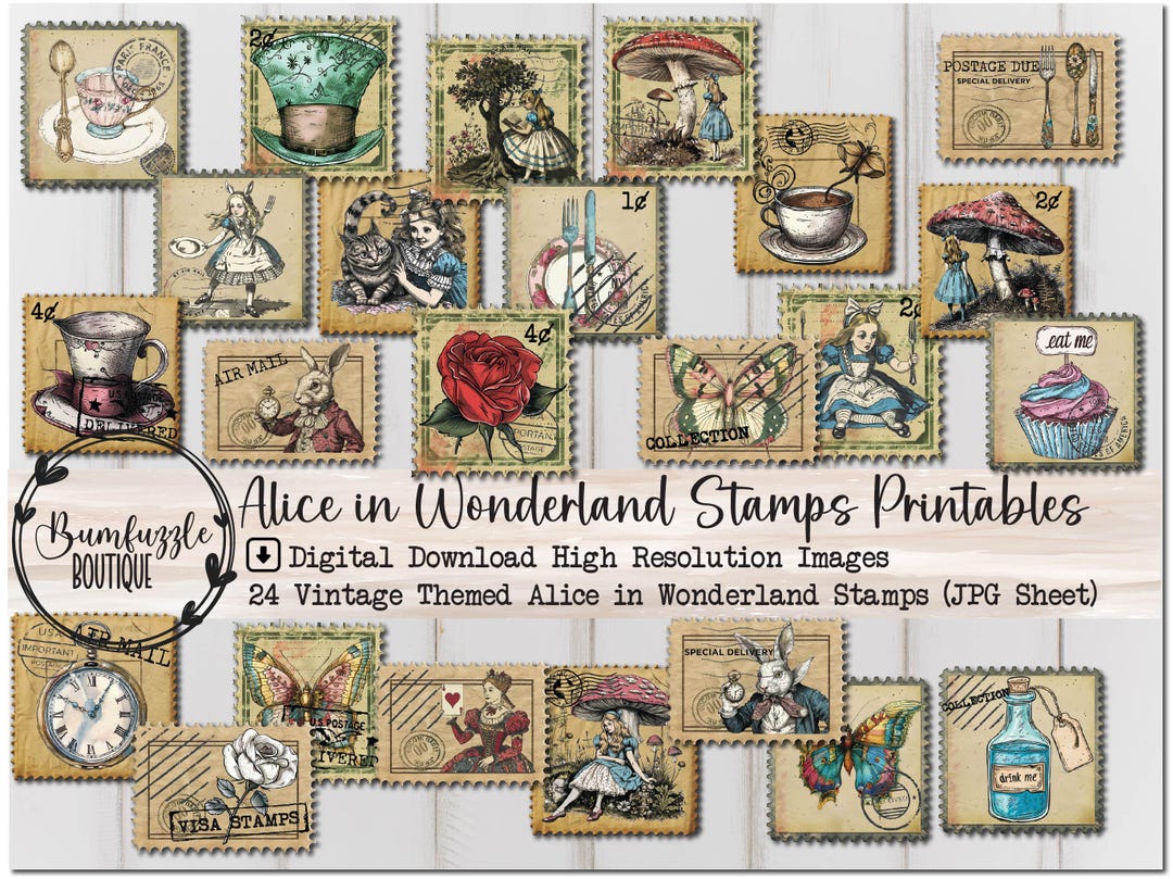 Alice in Wonderland Stamps Ephemera Page - Printable Digital Download ...
