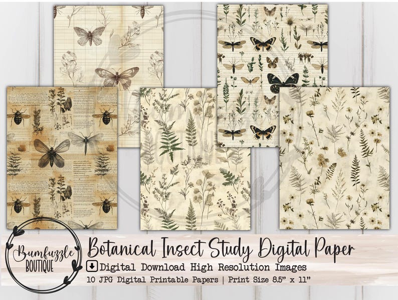 Botanical Insect Digital Paper, Vintage Specimen Print Junk Journal ...