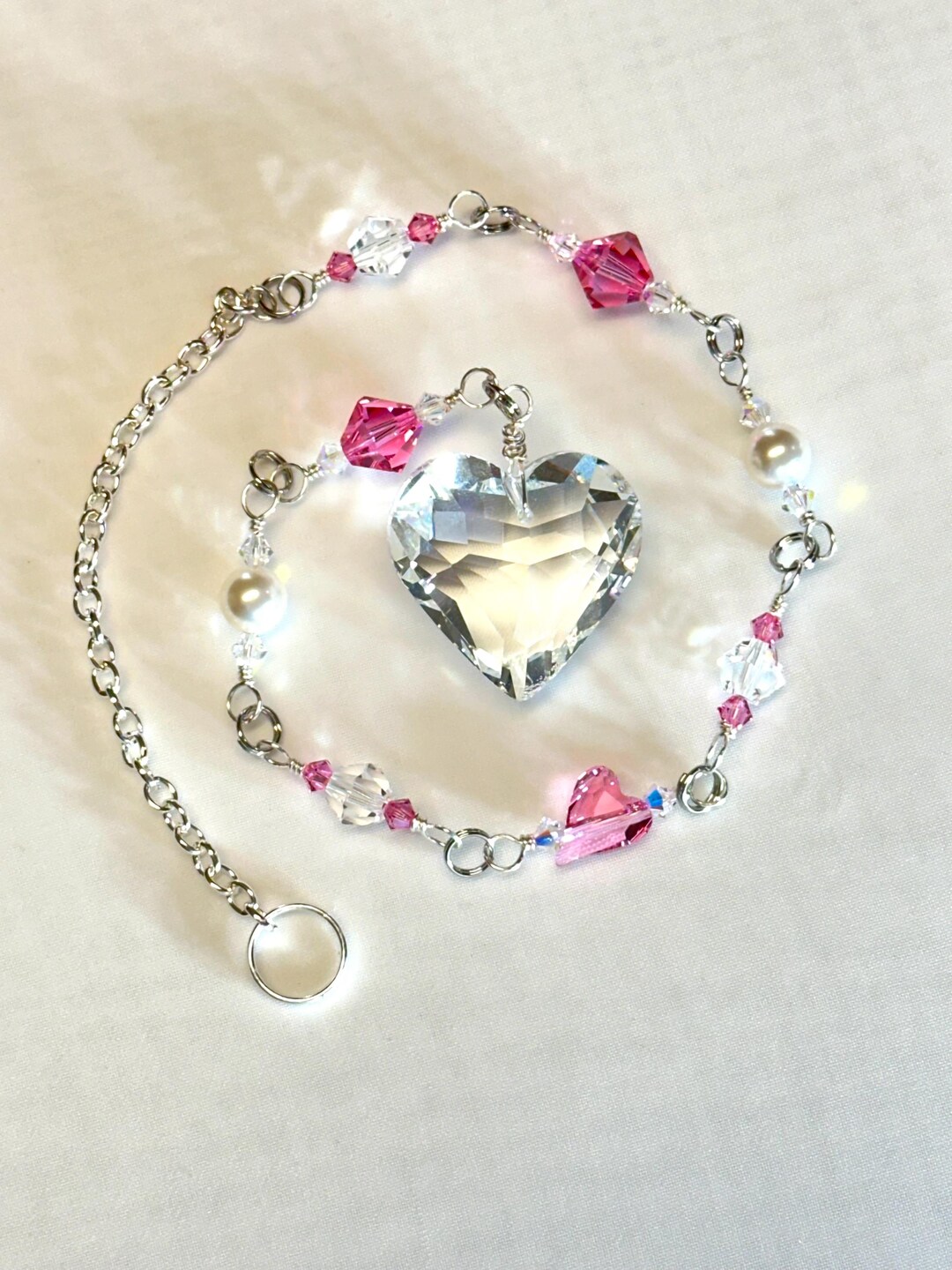 Pink Heart and Pearls Suncatcher With 30mm Clear Faceted Crystal Heart ...