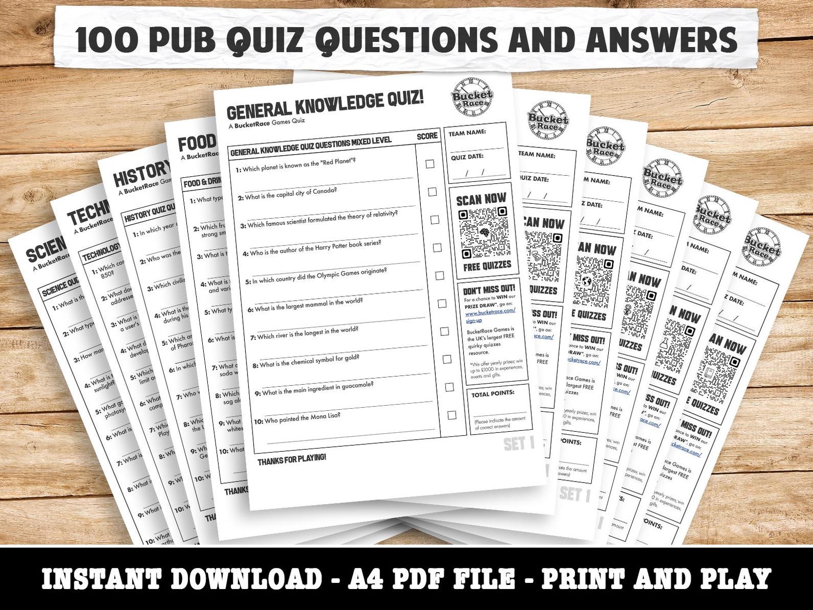 100 Pub Quiz Questions and Answers Set 1 - Etsy