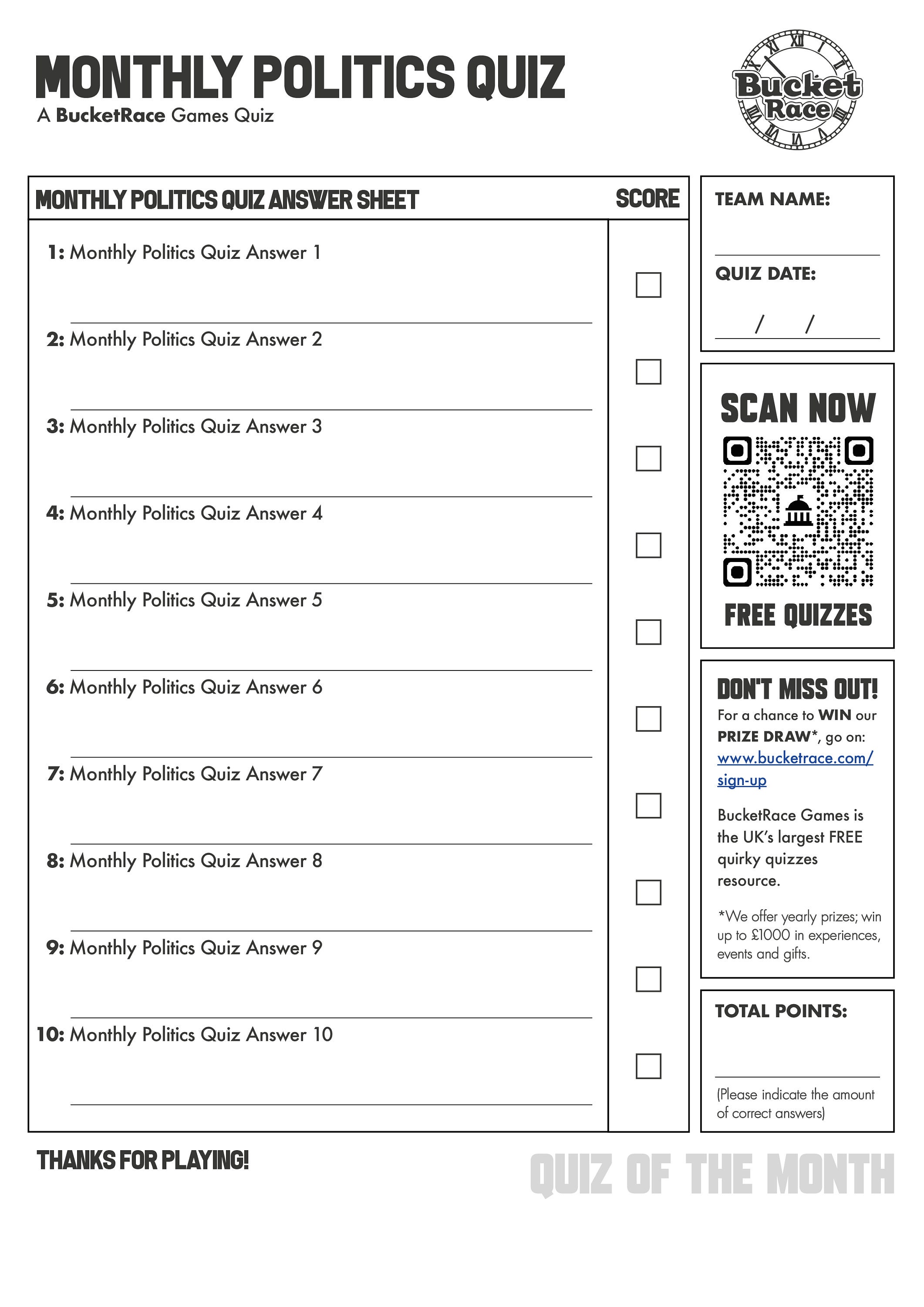 Printable Quiz of the Week/month Answer Sheet - Etsy