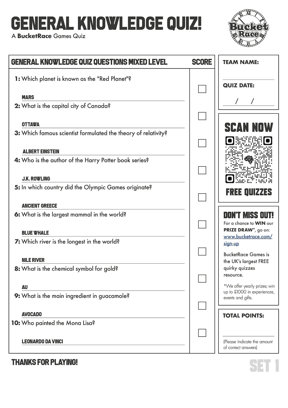 10 General Knowledge Quiz Questions and Answers Set 1 - Etsy