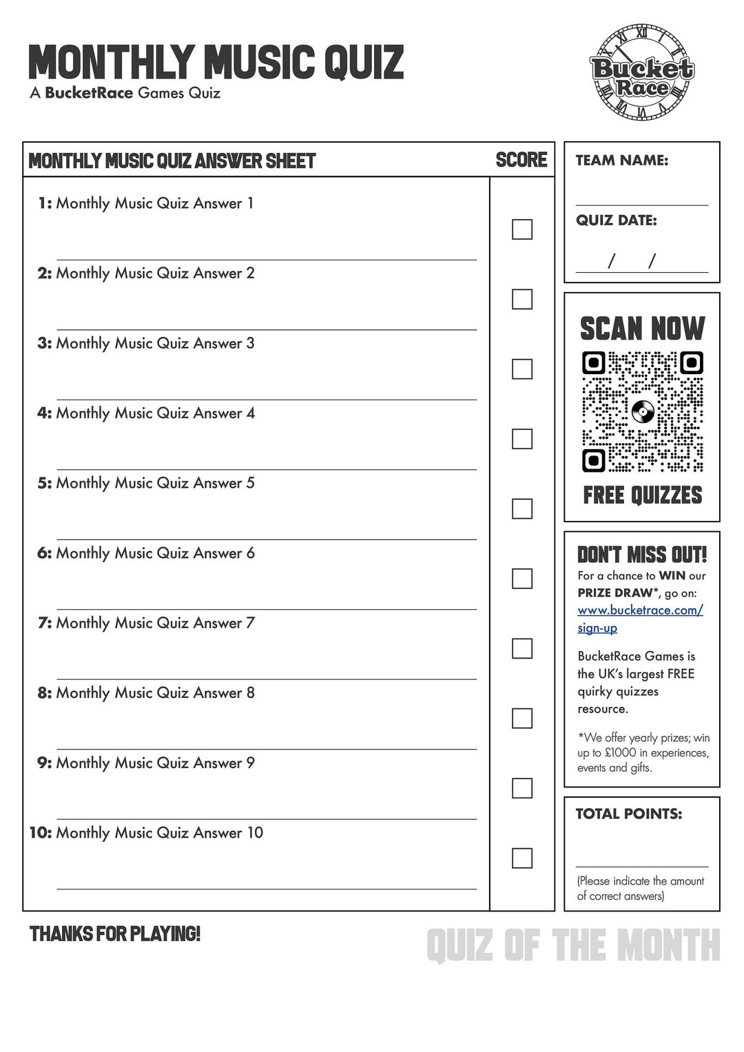 Printable Quiz of the Week/month Answer Sheet - Etsy