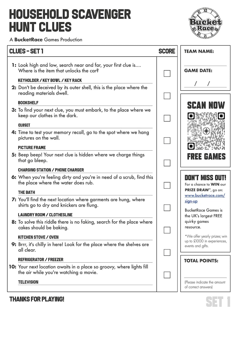 10 Household Printable Scavenger Hunt Clues Set 1 - Etsy