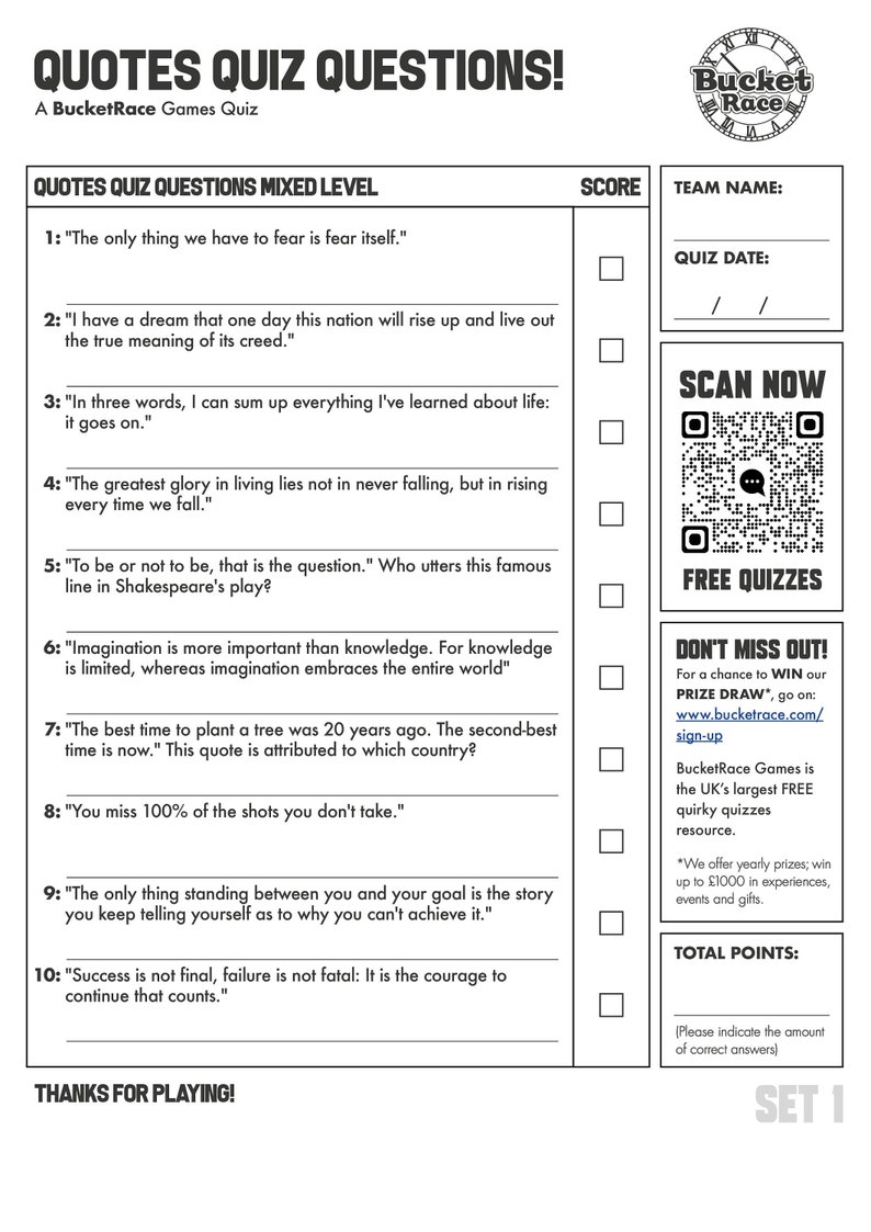 10 Quotes Quiz Questions and Answers Set 1 - Etsy