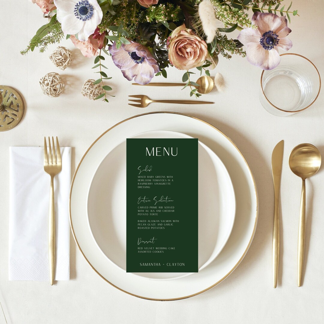 Minimalist Wedding Menu Template, Script Wedding Menu Template, Emerald ...